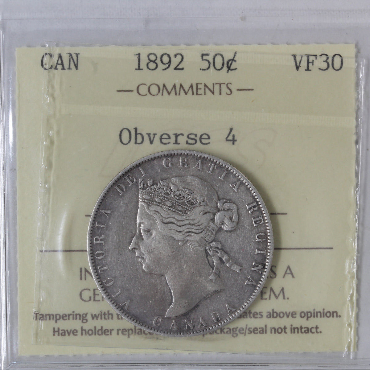 1892 - Canada - 50c - Obv. 4 - VF30 ICCS – MK Coins